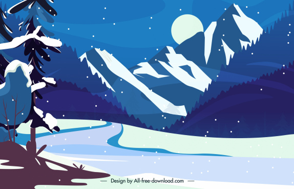 Winter landscape background snowy mountain moonlight sketch Free vector ...